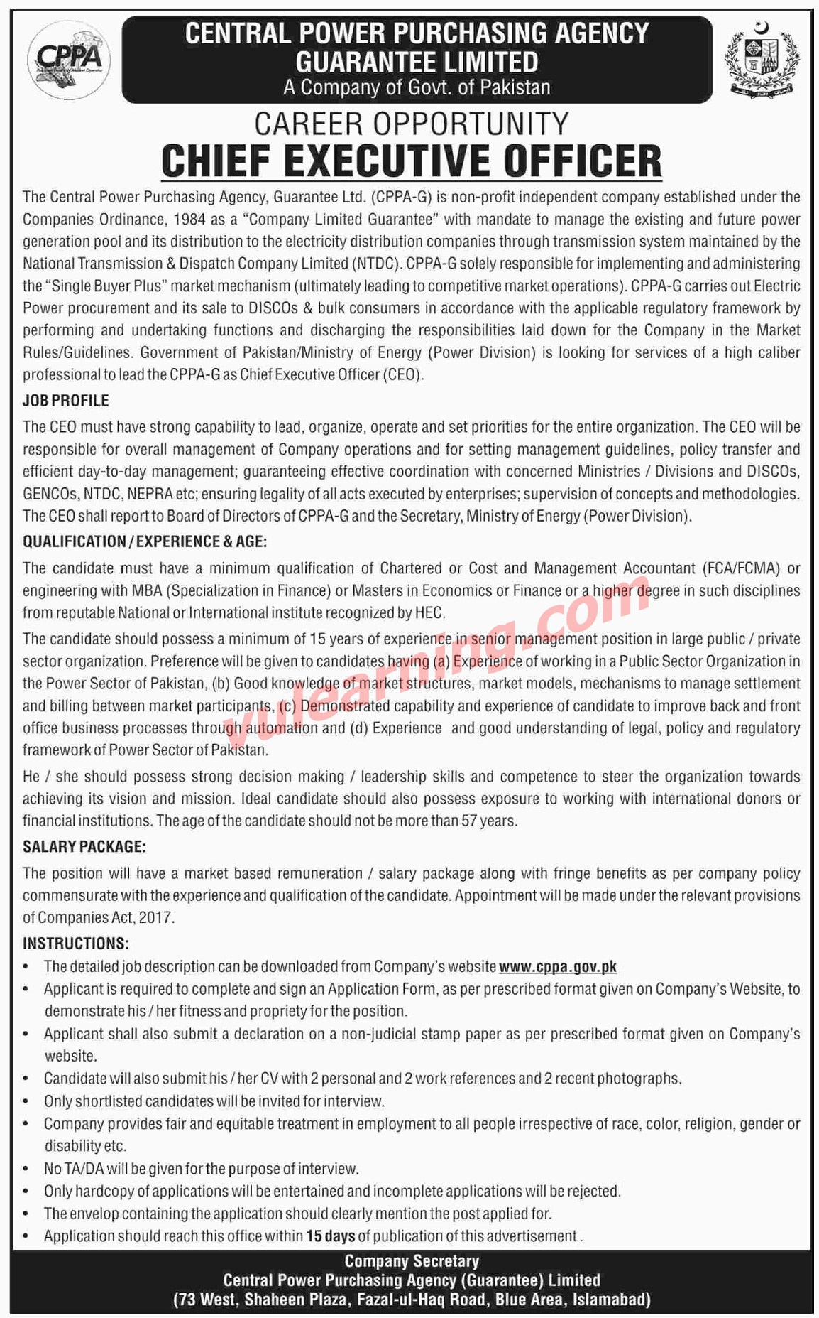Central Power Purchasing Agency Guarantee Limited (CPPA-G) Jobs 2019 for Chief Executive Officer ...