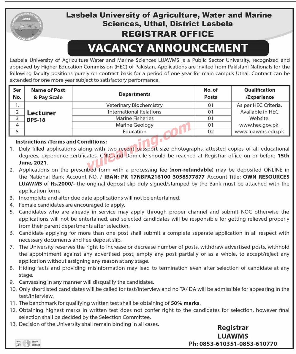 Lasbela University of Agriculture, Water & Marine Sciences LUAWMS Jobs ...