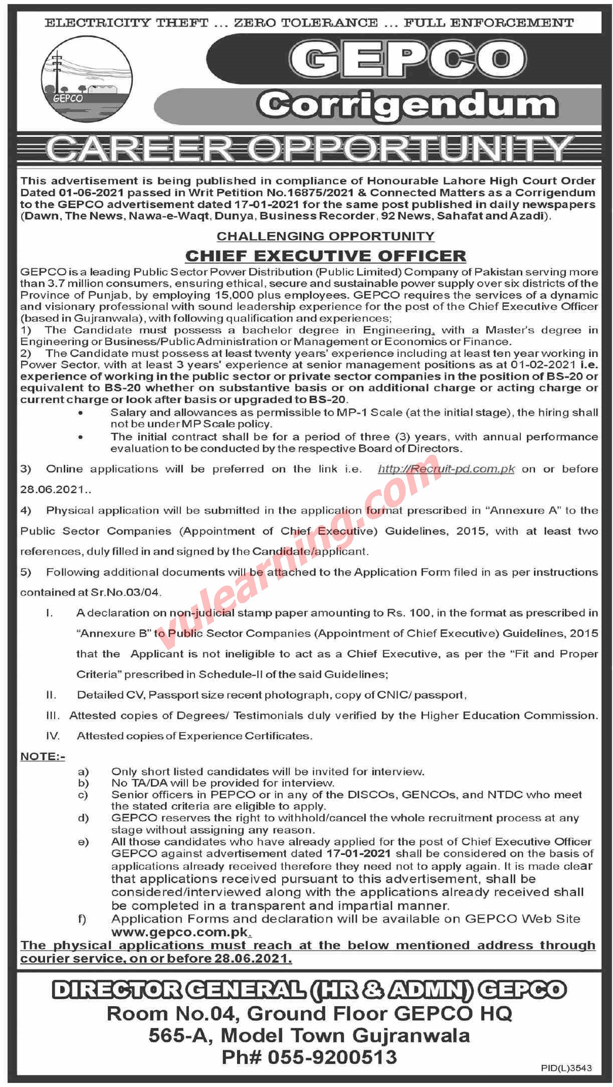 Gujranwala Electric Power Company Limited GEPCO Jobs 2021 for Chief ...