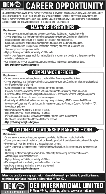 Advertisement of DEX International Limited Lahore Jobs 2021 for Manager ...