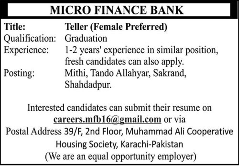 Microfinance Bank Jobs 2021 for Female Tellers (Multiple Cities) Latest