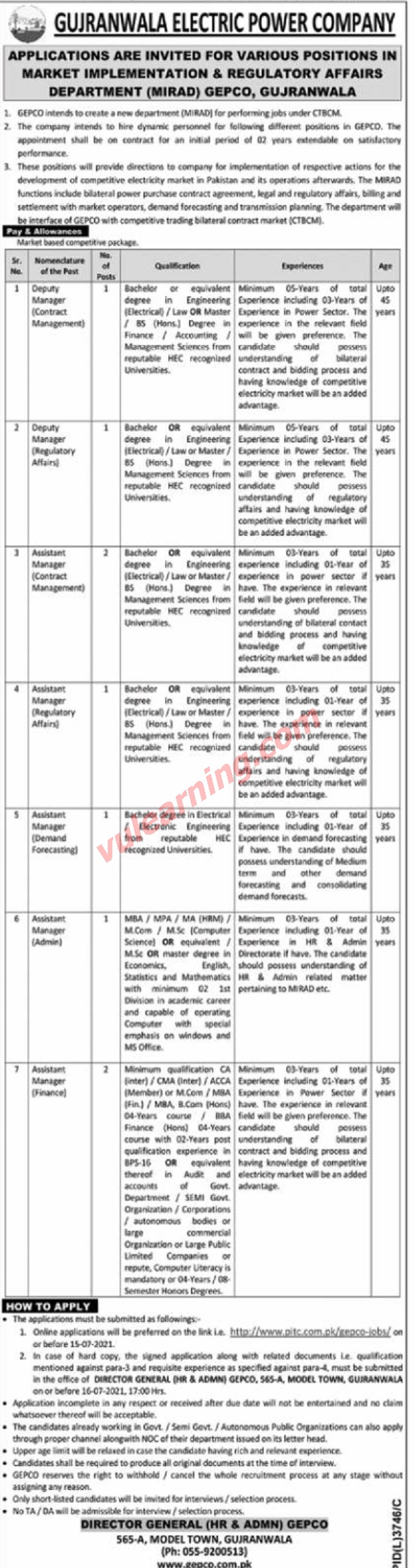 GEPCO Jobs 2021 for Deputy Mangers & Assistant Managers WAPDA ...