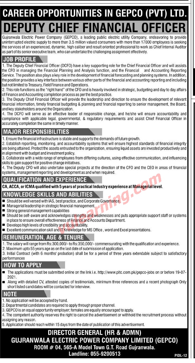 Gujranwala Electric Power Company GEPCO Pvt Ltd Jobs 2021 for Deputy ...