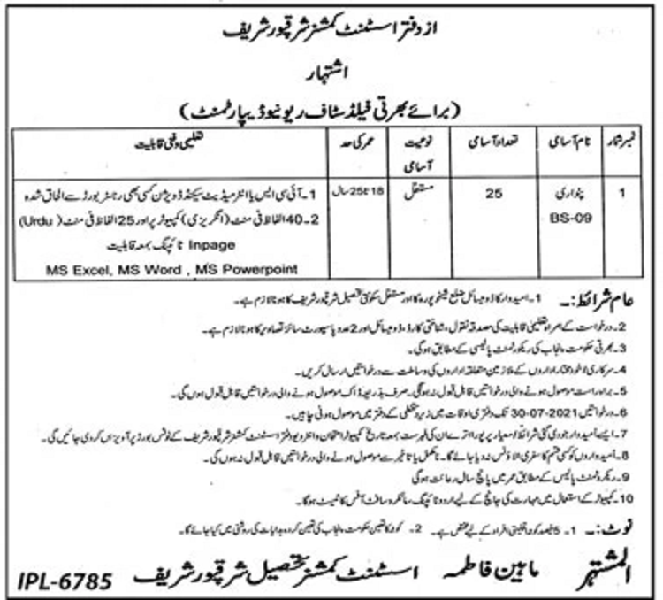 Punjab Revenue Department Sharqpur Jobs 2021 for 25+ Patwari (Field ...