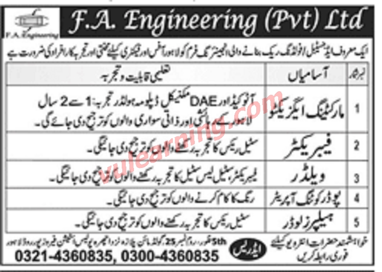FA Engineering Pvt Ltd Lahore Jobs 2021 for Marketing Executive ...