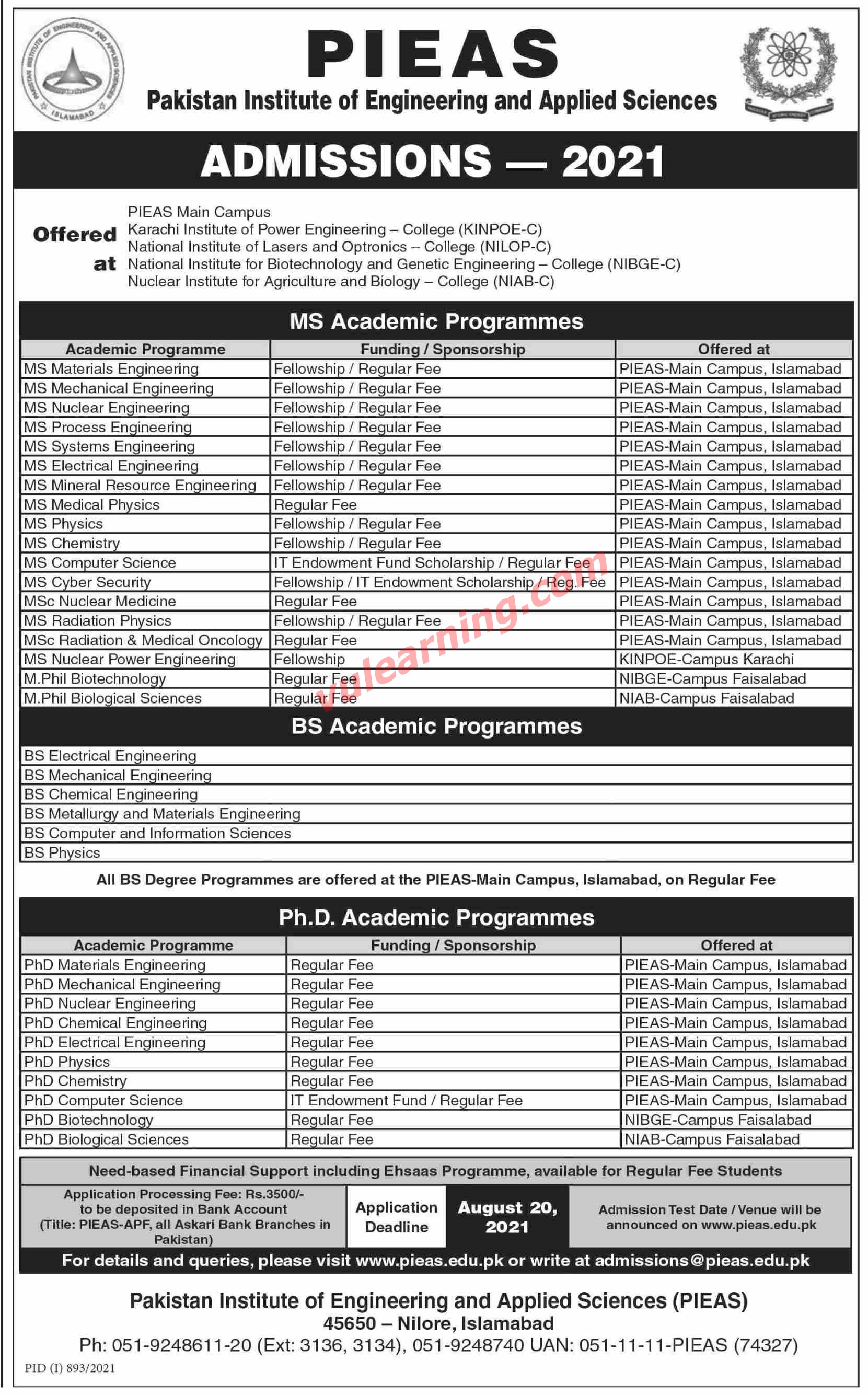PIEAS Fellowships August 2021 Apply Online MS Programs for Engineers ...