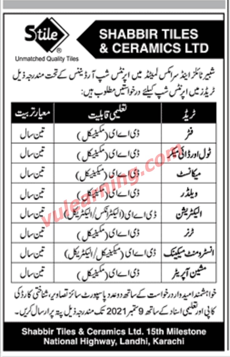 Shabbir Tiles & Ceramics Ltd Apprenticeship Training Program 2021 in ...