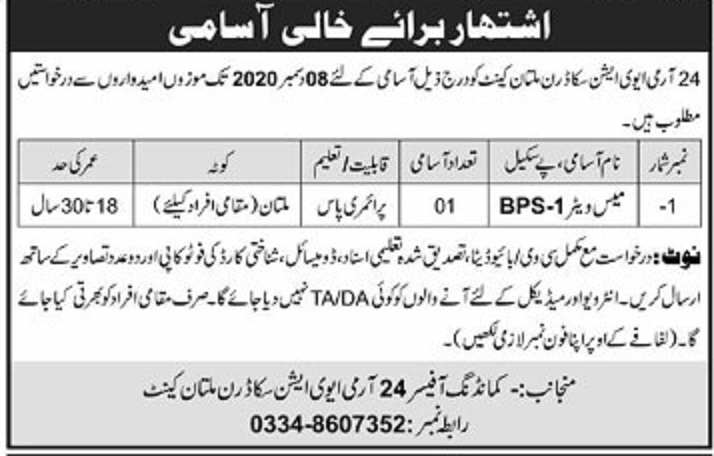 Pak Army 24 Army Aviation Squadron Multan Cantt Jobs 2020 for Mess ...