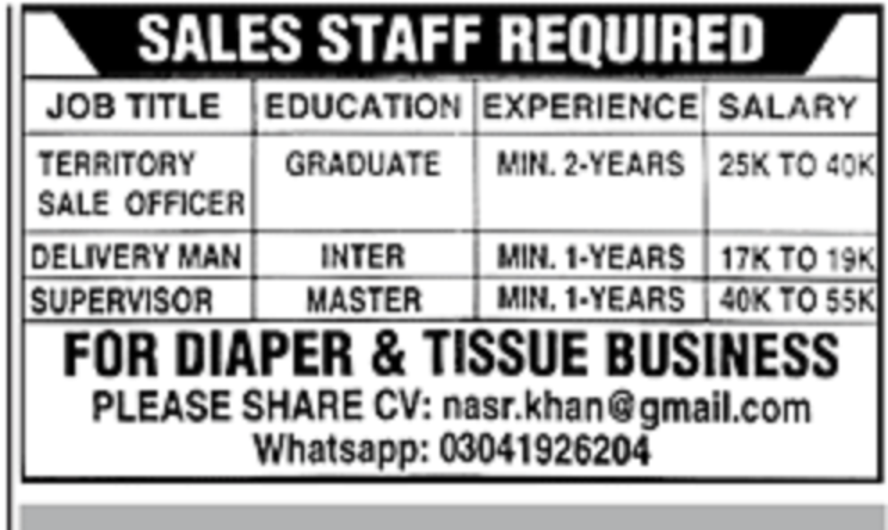 Diaper & Tissue Business Company Jobs 2020 for Territory Sale Officer ...