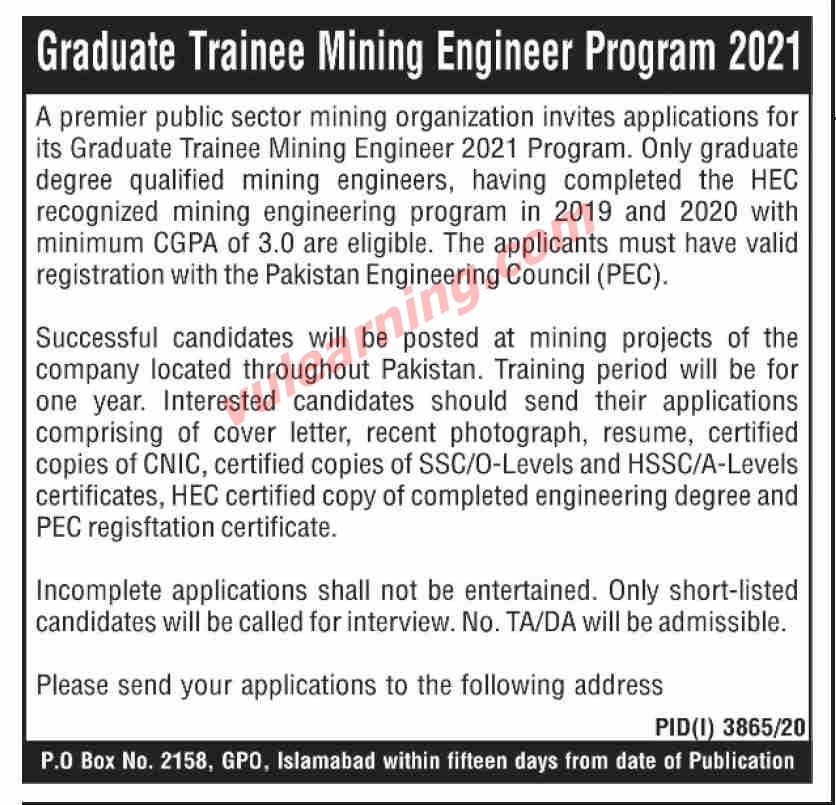 Advertisement of Public Sector Mining Organization Jobs 2021 Graduate ...