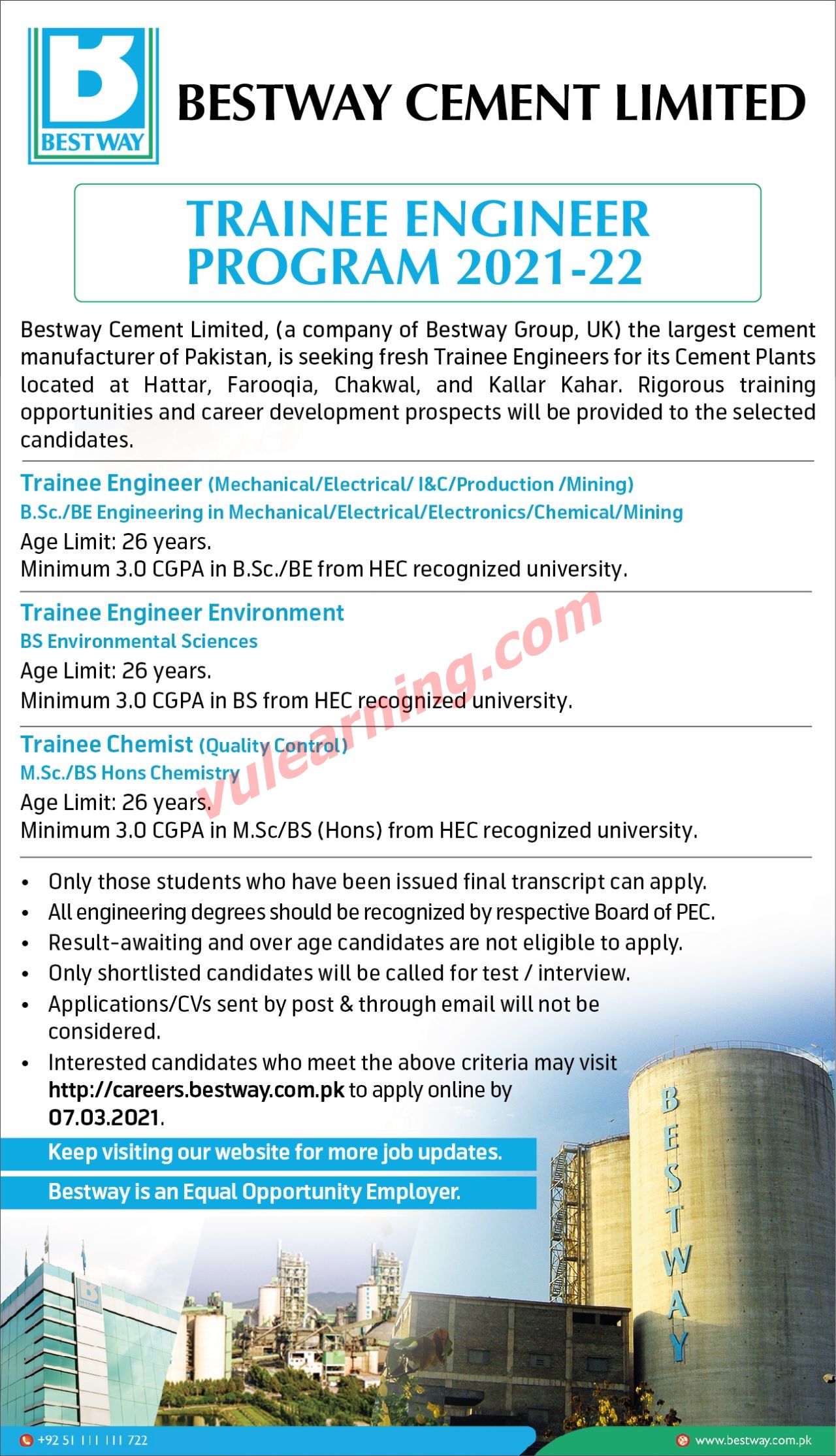 Advertisement Of Bestway Cement Limited Jobs 2021 For Trainee Engineers 