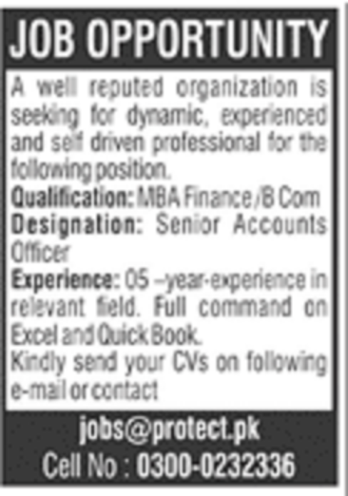 Well Reputed Organization Jobs 2021 for Senior Accounts Officer Latest