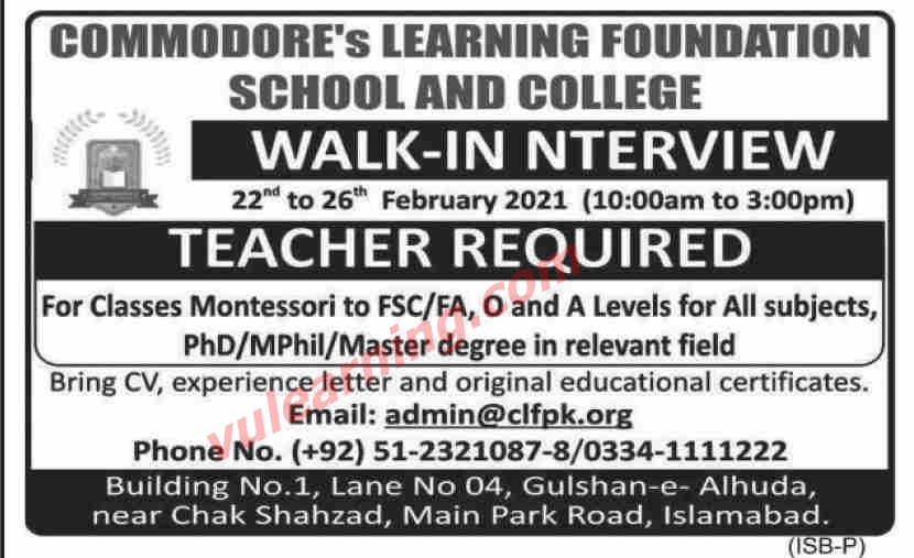 Commodore's Learning Foundation School & College Islamabad Jobs 2021 ...