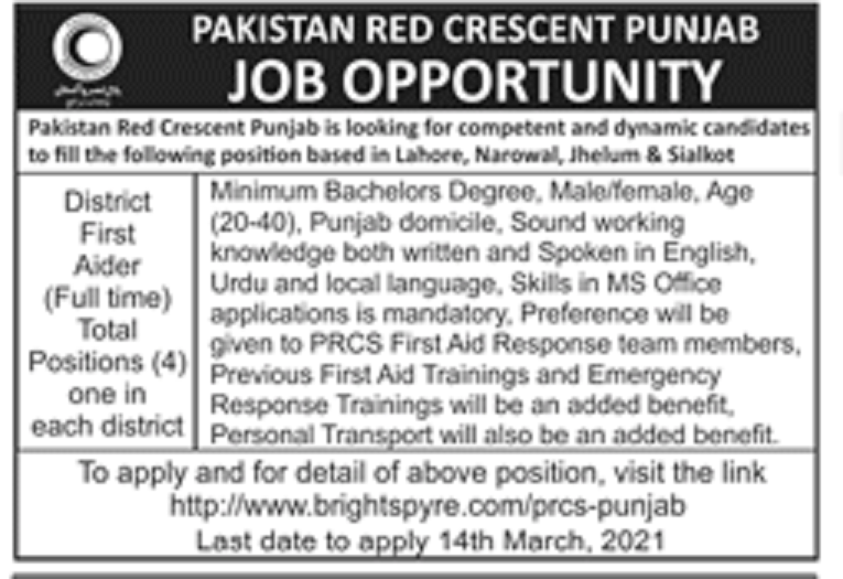 Pakistan Red Crescent Society Punjab Jobs 2021 for District First ...