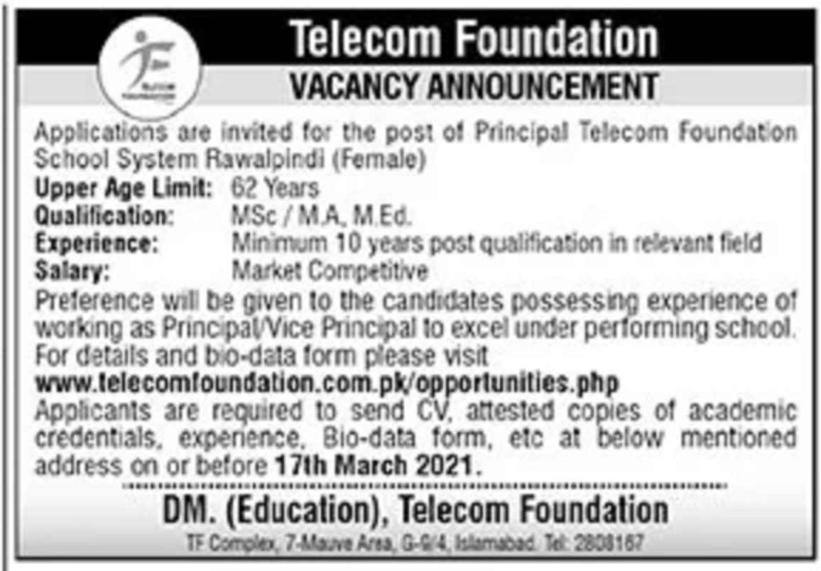 Telecom Foundation School System Rawalpindi Jobs 2021 for Principal Latest
