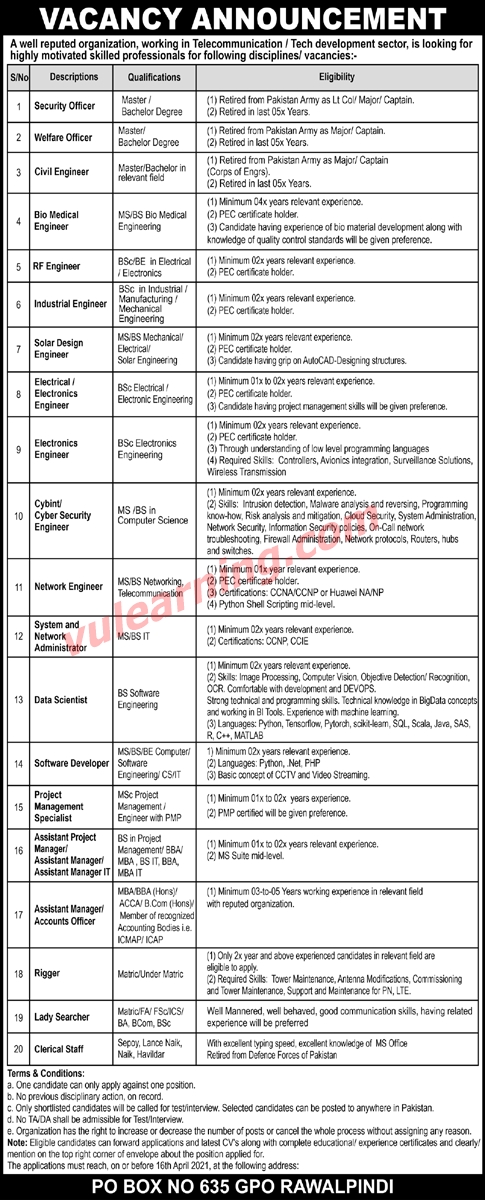 Well Reputed Organization Rawalpindi Jobs 2021 for Engineers, Assistant ...