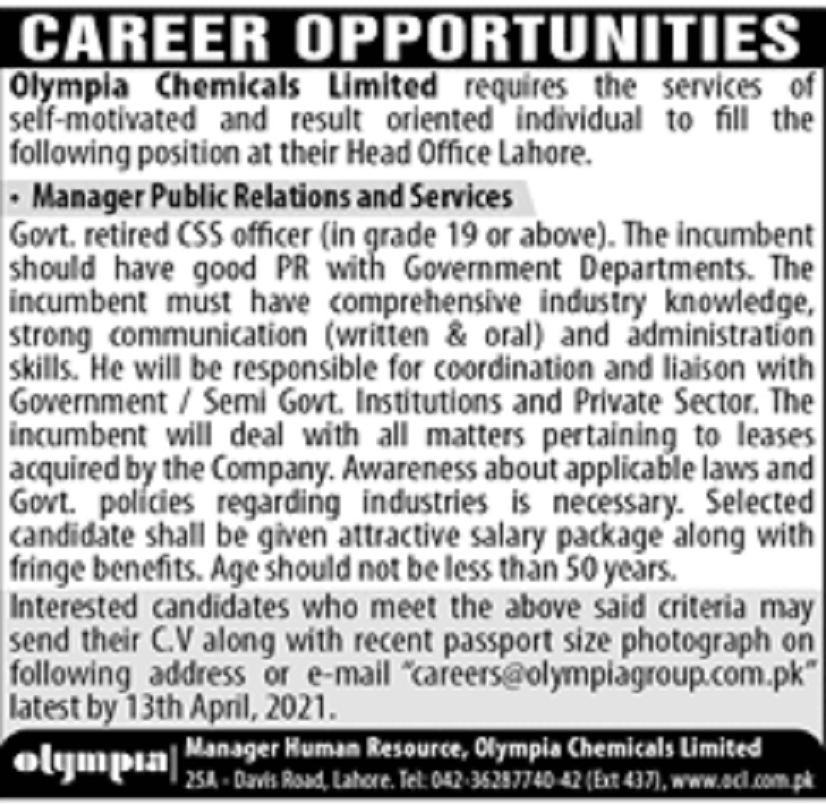 Olympia Chemicals Limited Jobs 2021 for Manager Public Relations ...