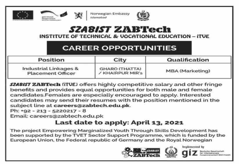 Szabist Zabtech Karachi Jobs 2021 for Industrial Linkages & Placement ...