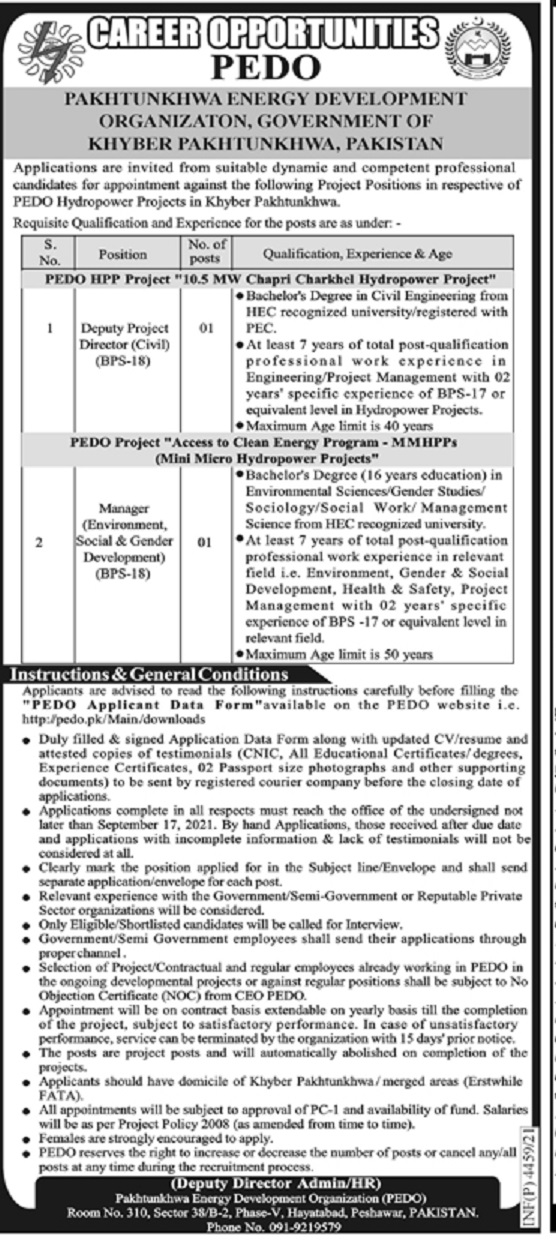 Pakhtunkhwa Energy Development Organization PEDO Jobs 2021 for Deputy ... Pakhtunkhwa Energy Development Organization PEDO Jobs 2021 for Deputy ...