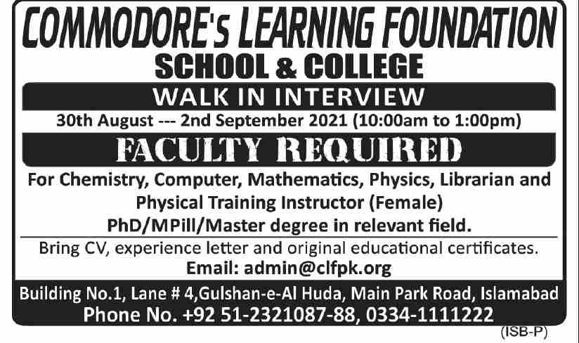 Commodore's Learning Foundation School & College Islamabad Jobs 2021 ...