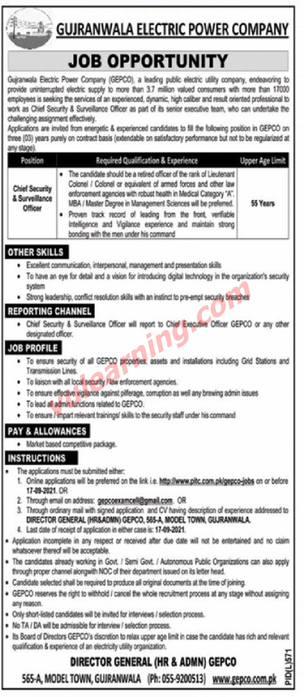 Gujranwala Electric Power Company GEPCO Jobs 2021 for Chief Security ...