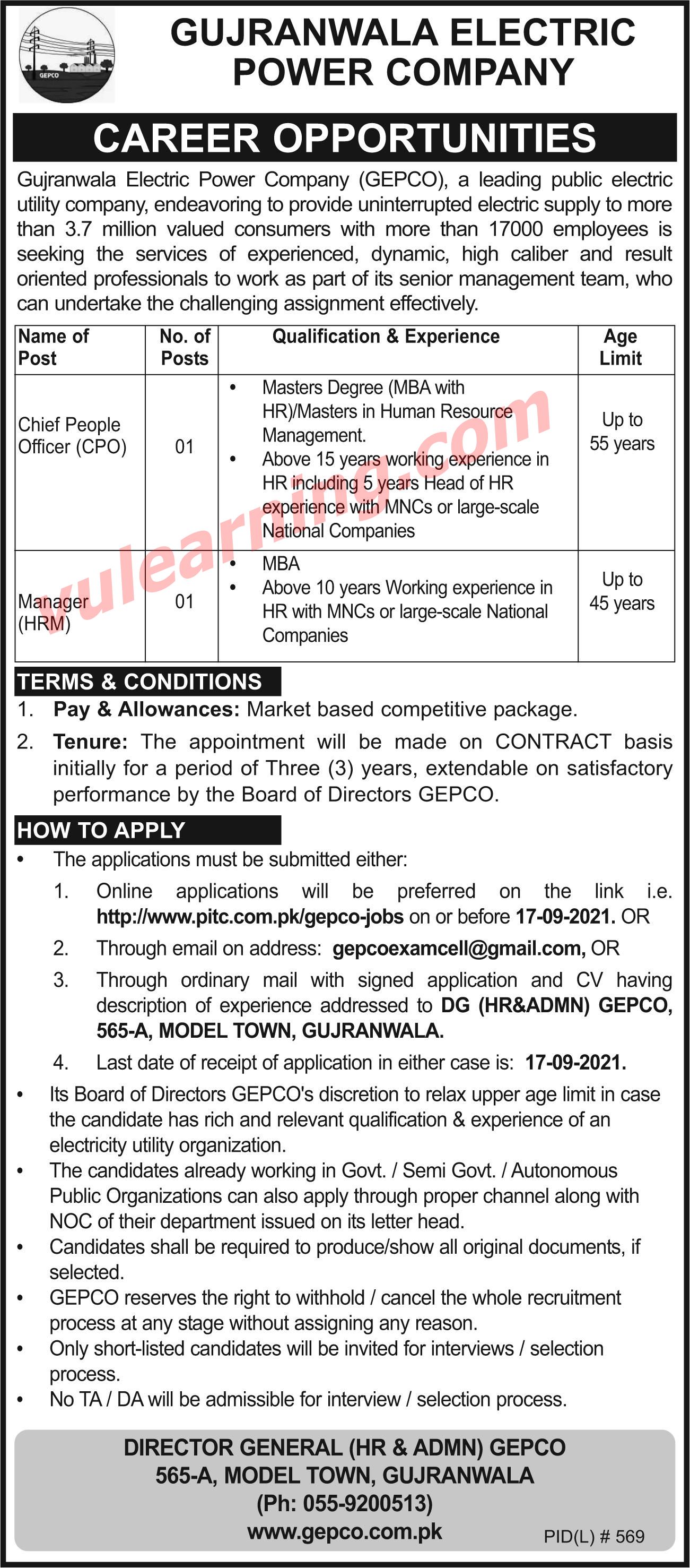 Gujranwala Electric Power Company GEPCO Jobs 2021 for Chief People ...