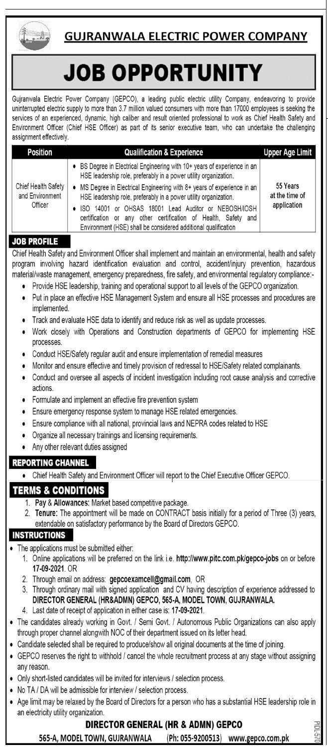 Gujranwala Electric Power Company GEPCO Jobs 2021 for Chief Health ...