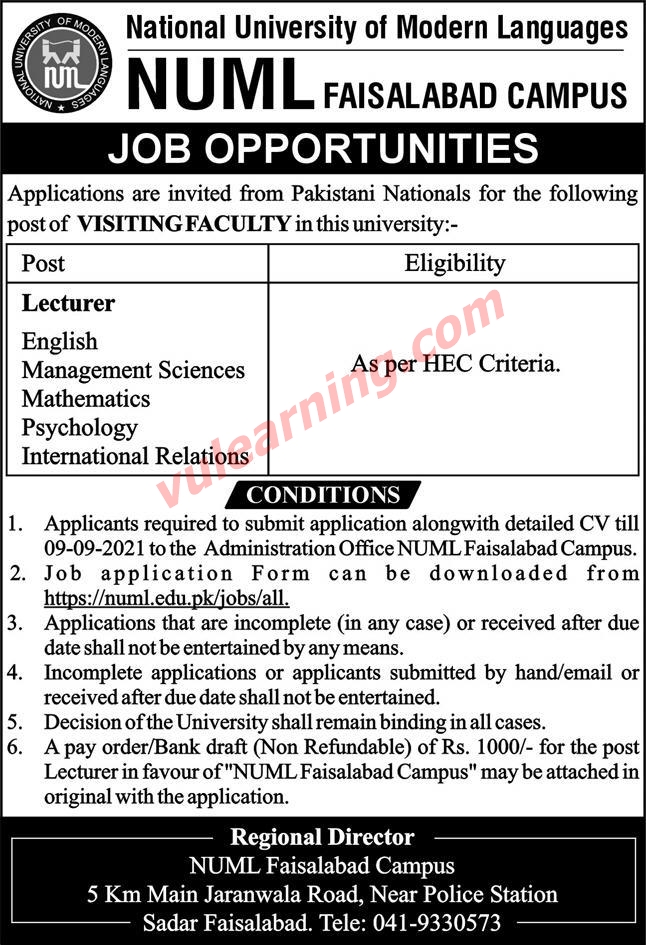 NUML Faisalabad Campus Jobs 2021 for Visiting Teaching Faculty ...