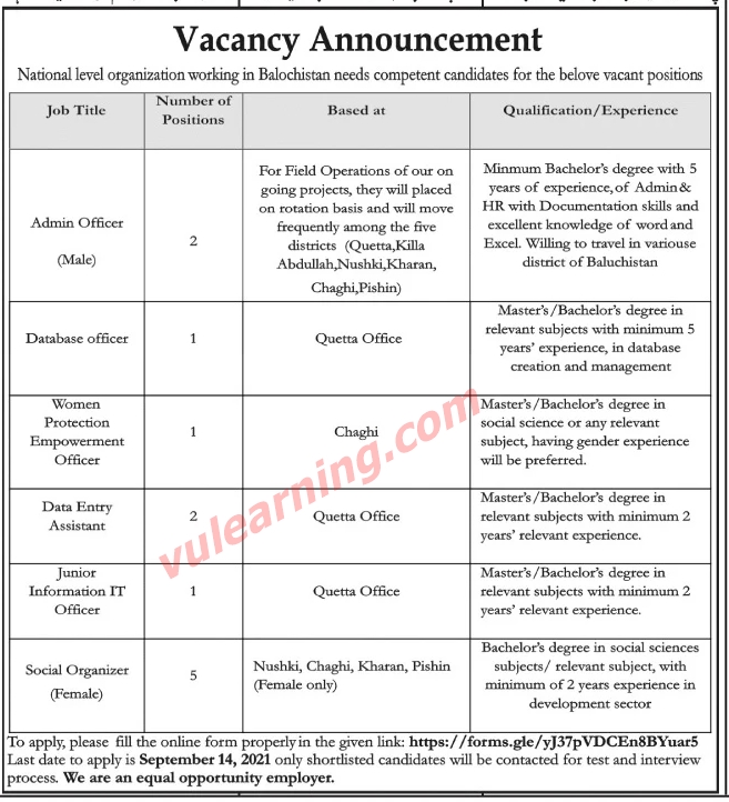 National Level Organization Jobs 2021 for Admin Officers, Data Entry ...