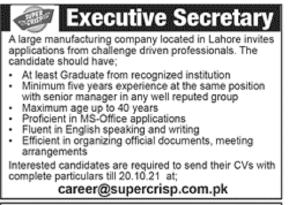 Large Manufacturing Company Jobs 2021 for Executive Secretary Latest