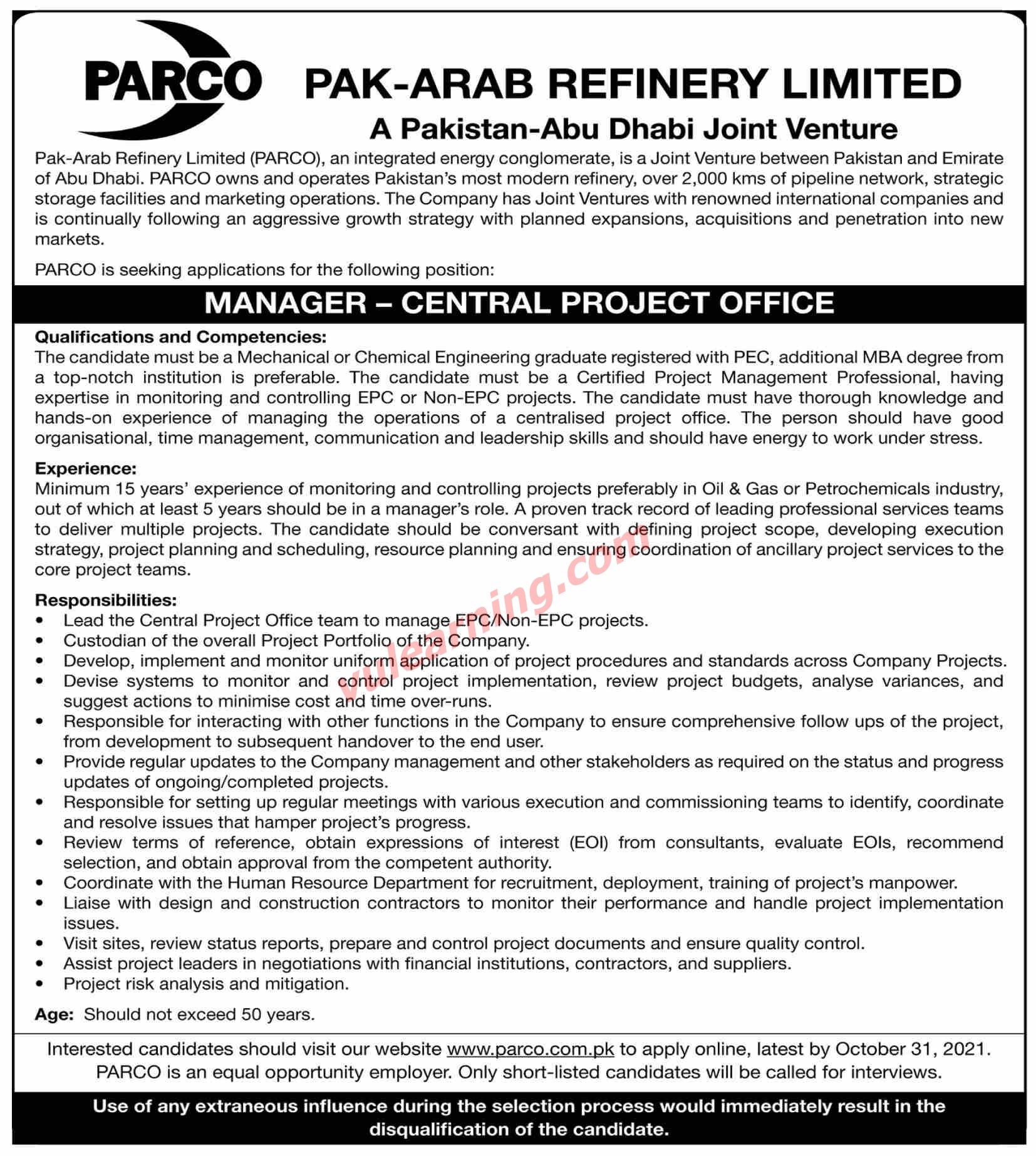 Pak-Arab Refinery Limited PARCO Jobs 2021 for Manager Central Project ...
