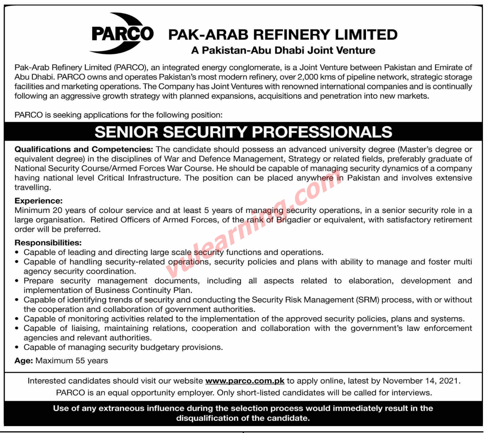 PARCO Jobs 2021 for Senior Security Professionals Pak-Arab Refinery ...