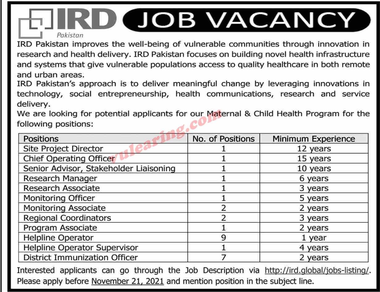 IRD Pakistan Jobs 2021 for Helpline Operators, District Immunization ...