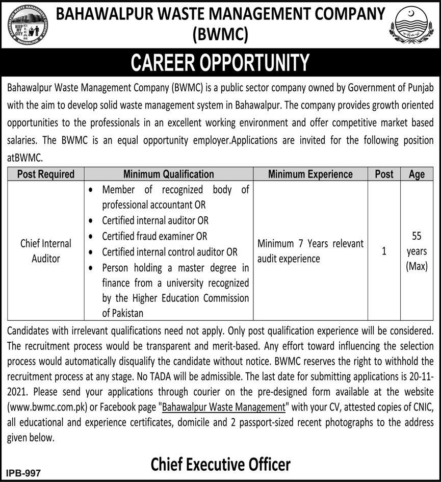 Bahawalpur Waste Management Company BWMC Jobs 2021 for Chief Internal ...