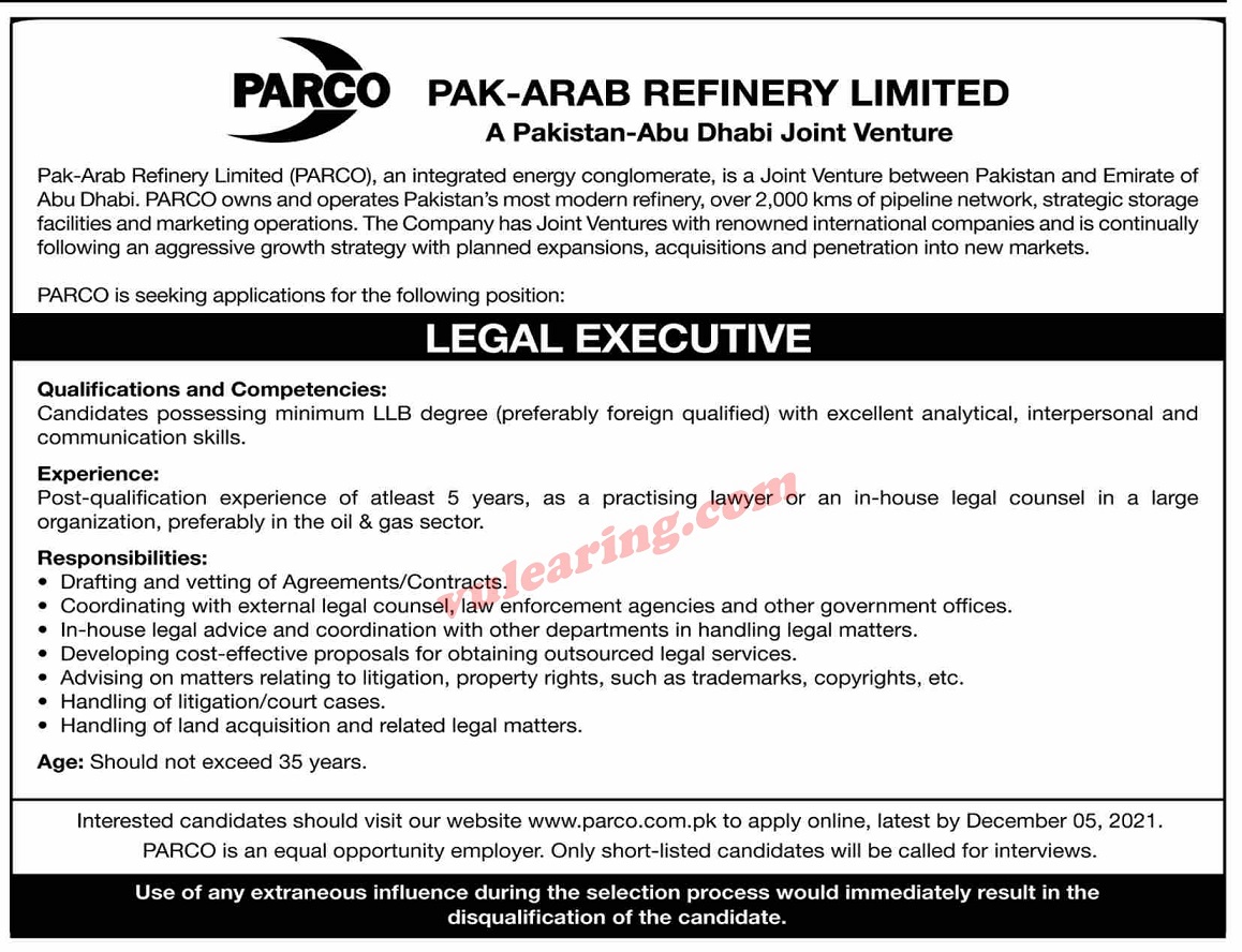 PARCO Jobs 2021 for Legal Executive Apply Online Pak-Arab Refinery ...