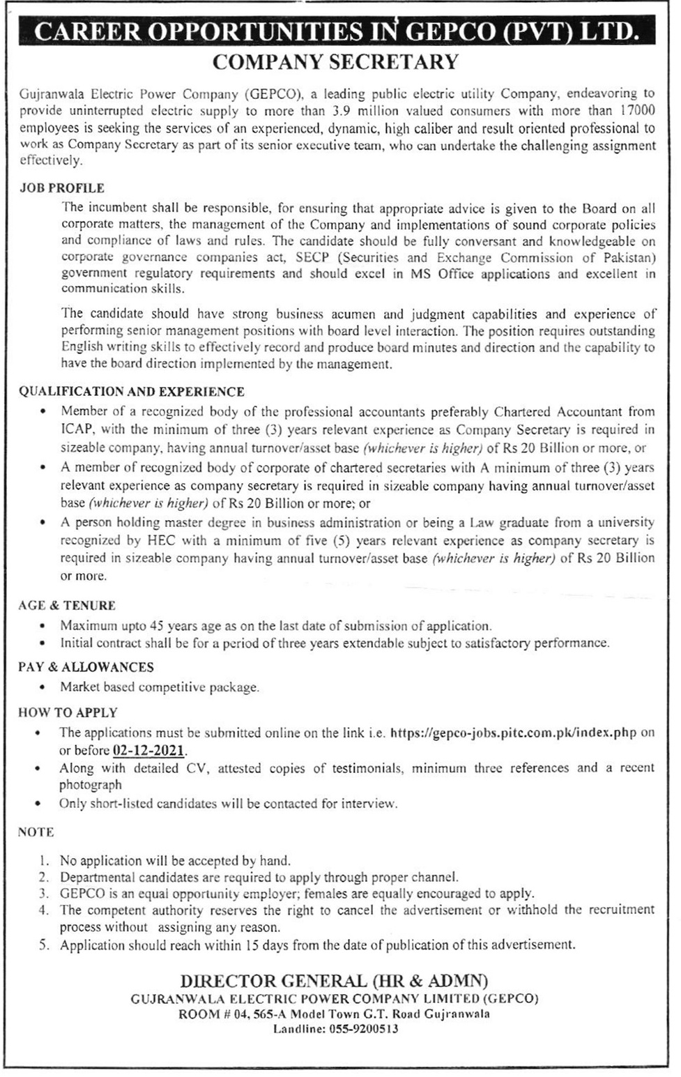 GEPCO Pvt Ltd Jobs 2021 for Company Secretary Apply Online WAPDA Latest