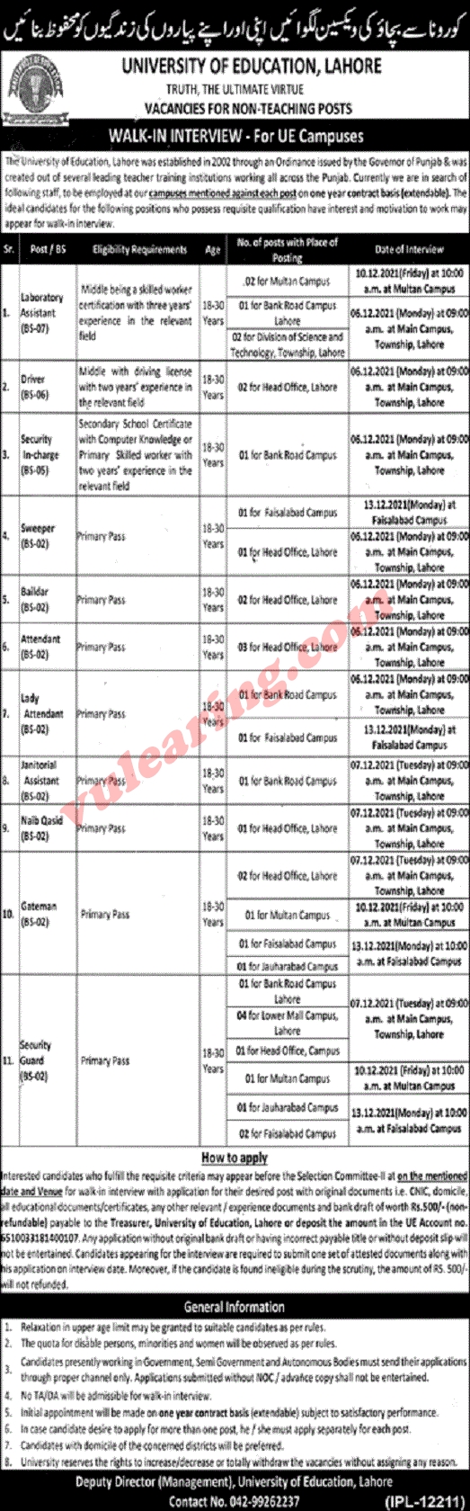 University of Education Jobs 2021 for Non-Teaching Staff at Lahore, Faisalabad & Multan Walk-In ...