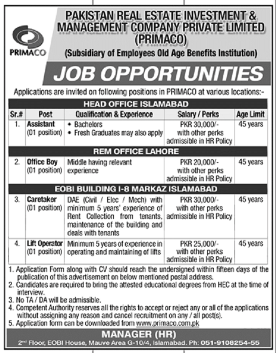 PRIMACO Jobs for Assistant, Office Boy, Caretaker & Lift Operator in ...