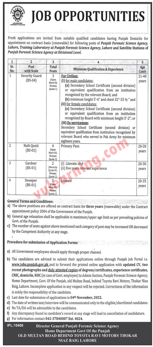Punjab Forensic Science Agency PFSA Jobs 2022 for Security Guards, Naib ...