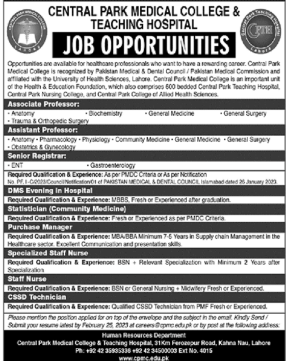 Central Park Medical College & Teaching Hospital Lahore Jobs 2023 for ...