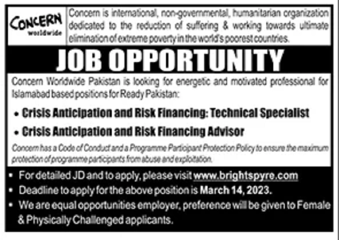 Concern Pakistan NGO Jobs 2023 for Technical Specialist & Advisor Latest