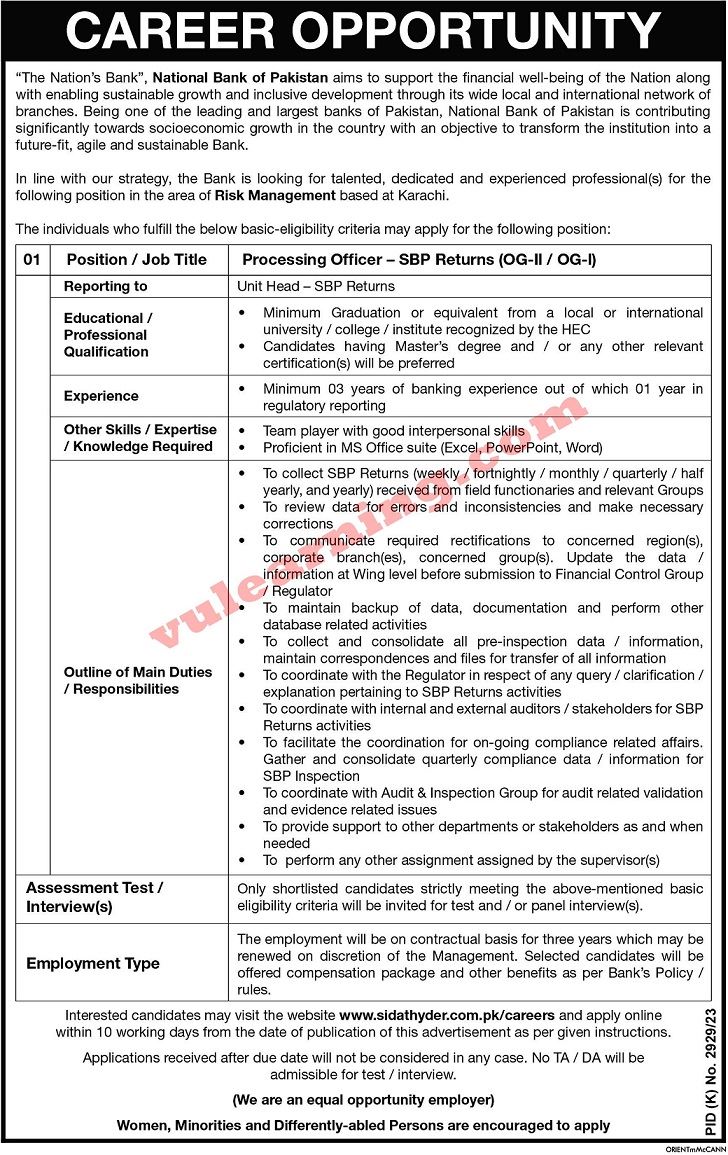 National Bank of Pakistan NBP Jos 2024 for Processing Officers OG-I ...