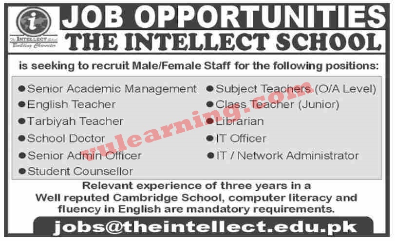 The Intellect School Karachi Jobs 2024 for Male / Female Teaching Staff