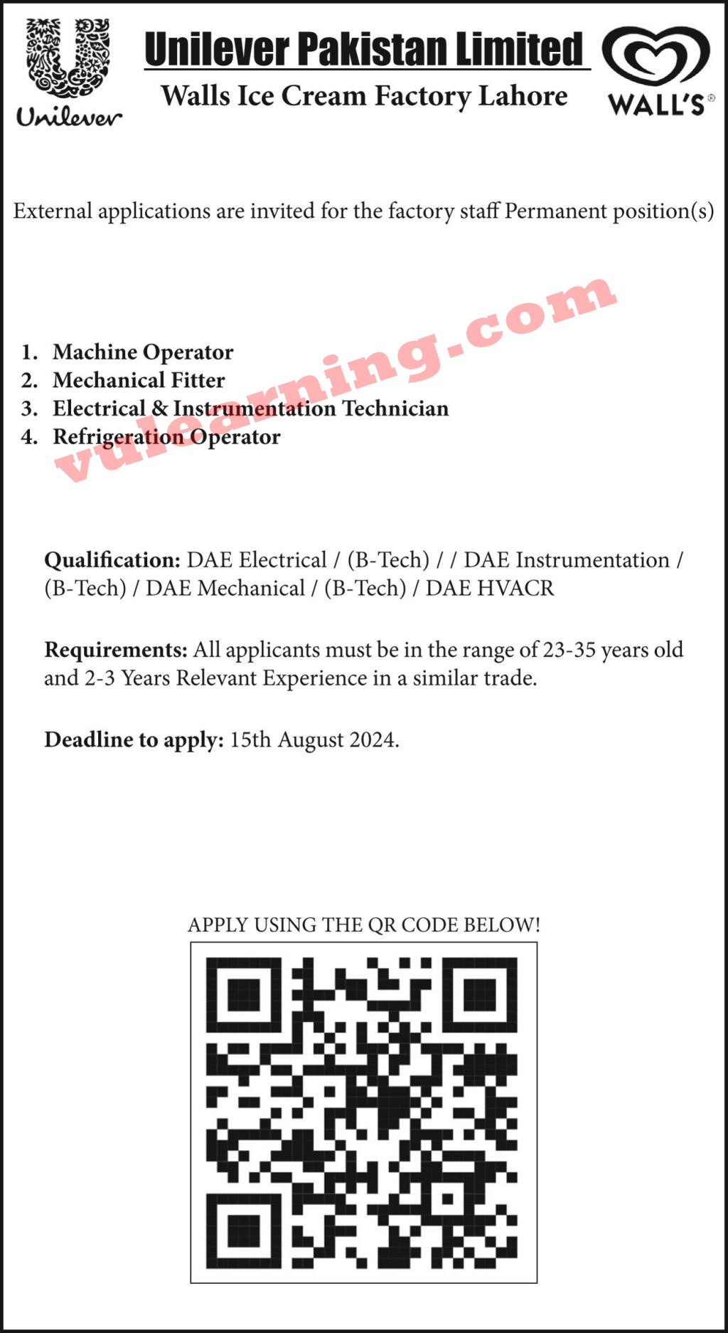 Unilever Pakistan Jobs 2024 at Walls Ice Cream Factory Lahore Apply Online