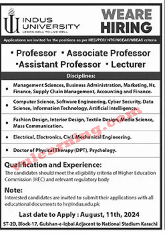 Indus University Karachi Jobs 2024 for Teaching Faculty (Lecturers, Assistant Professors ...