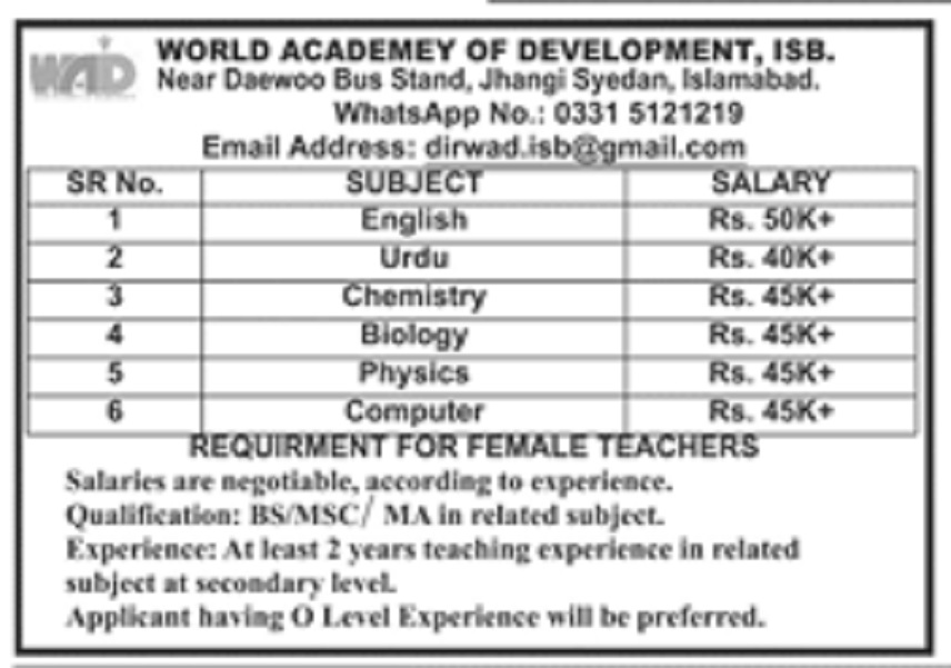 World Academy of Development Islamabad Jobs 2024 for Teachers Staff