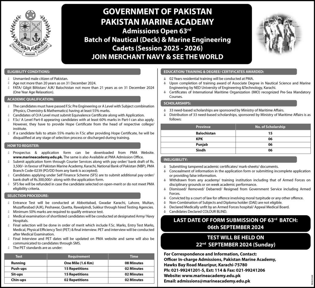 Pakistan Marine Academy Karachi Admission 2025 / 2026 Application Form ...