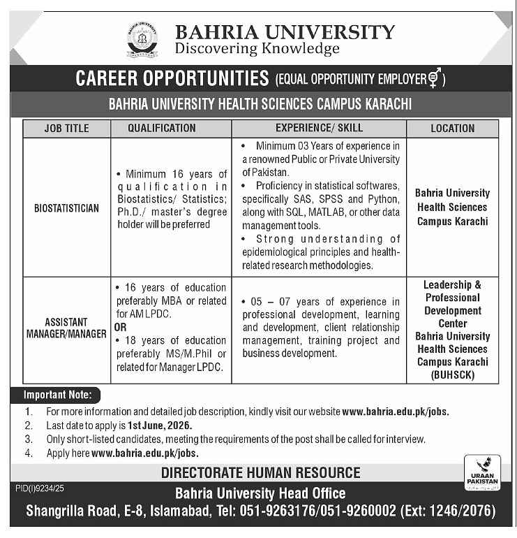 Bahria University Jobs 2026 at Health Sciences Campus Karachi