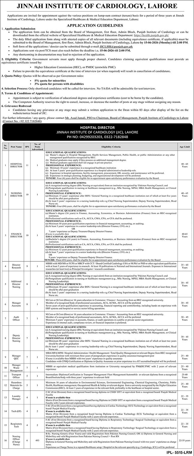 Jinnah Institute of Cardiology Lahore Jobs 2026 Application Form ...