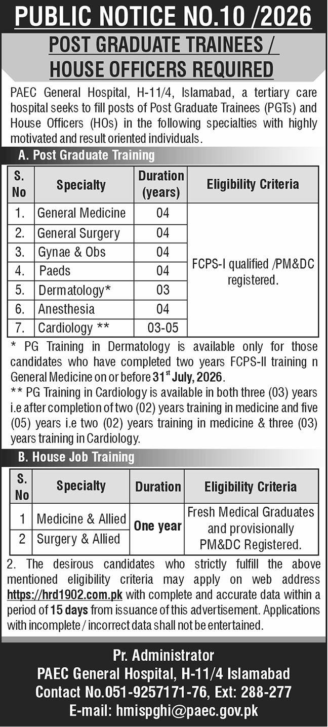 PAEC General Hospital Islamabad Jobs 2026 Apply Online Postgraduate ...